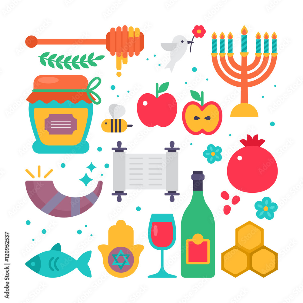Rosh hashanah jewish new year flat modern icons set Stock Vector ...