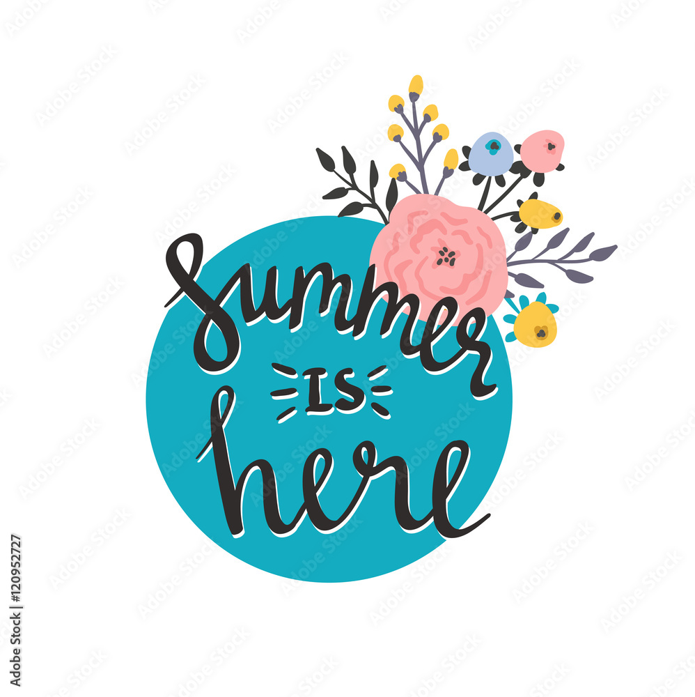 Summer season card or poster. Vector title Summer is here. Cartoon ...