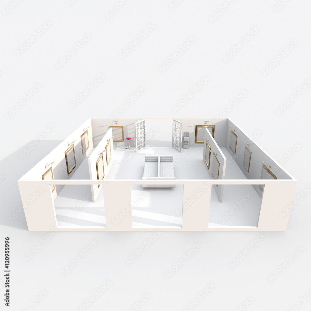 3d interior rendering of furnished museum with pictures on walls Stock ...