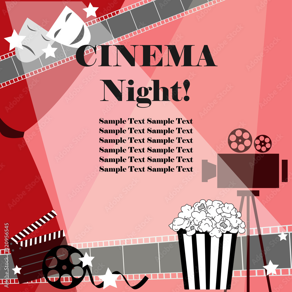 Cinema night background. Flat movie background with cinema attributes ...