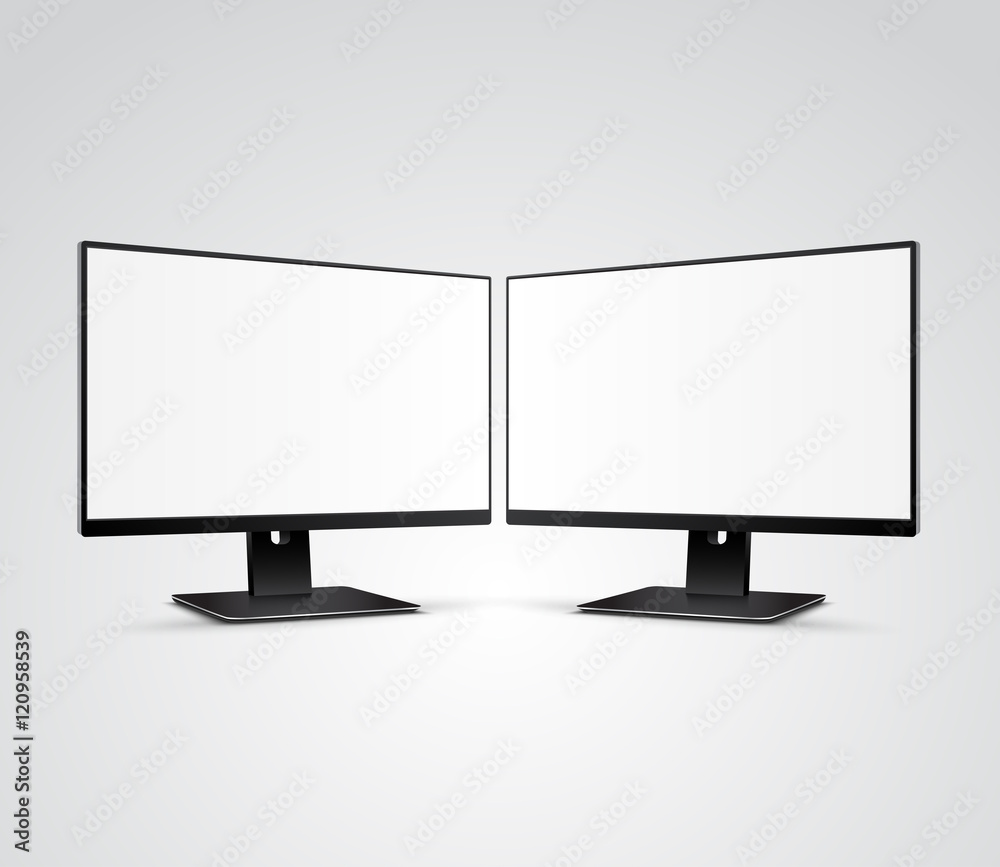 Two modern Computer Monitors Mockup with white blank screen on gray ...