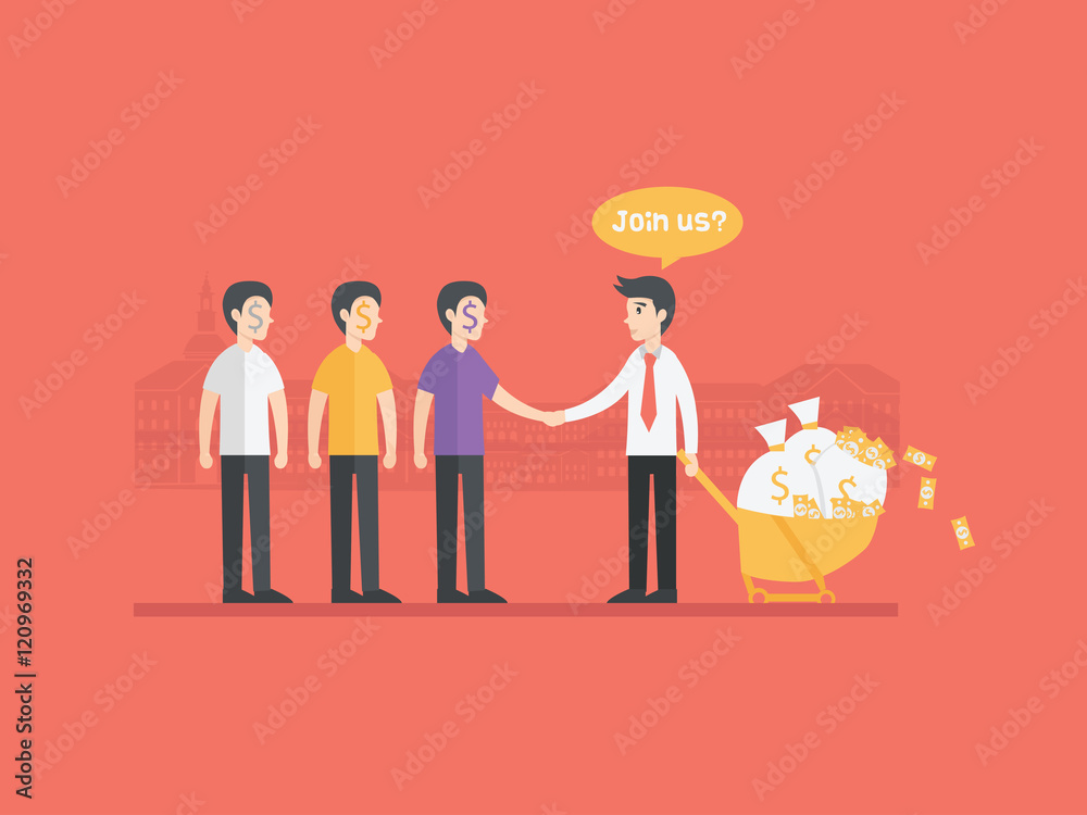 refer a friend referral cartoon concept illustration. Business man ...