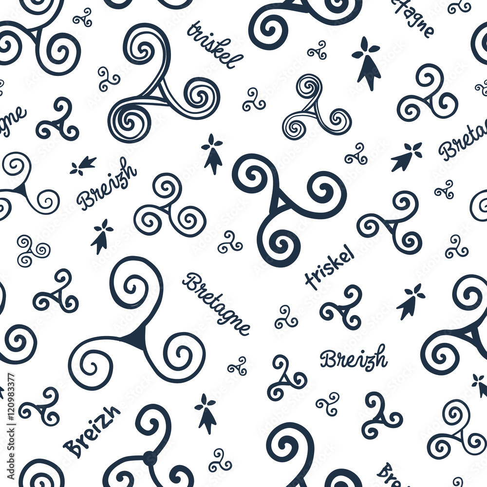 Hand drawn doodle style triskels vector seamless pattern with signs ...