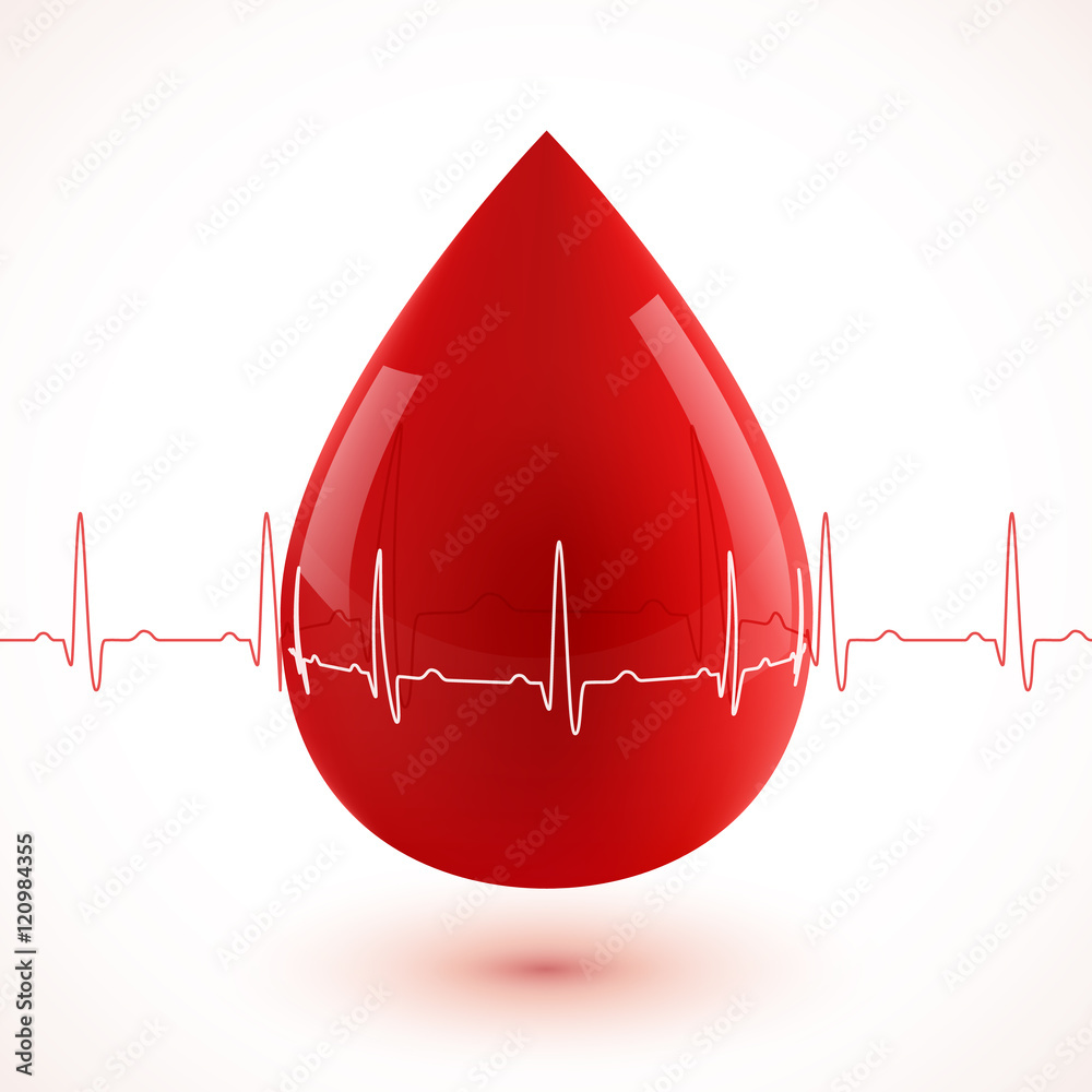 Red glossy 3d vector blood drop with red and white cardiogram Stock ...