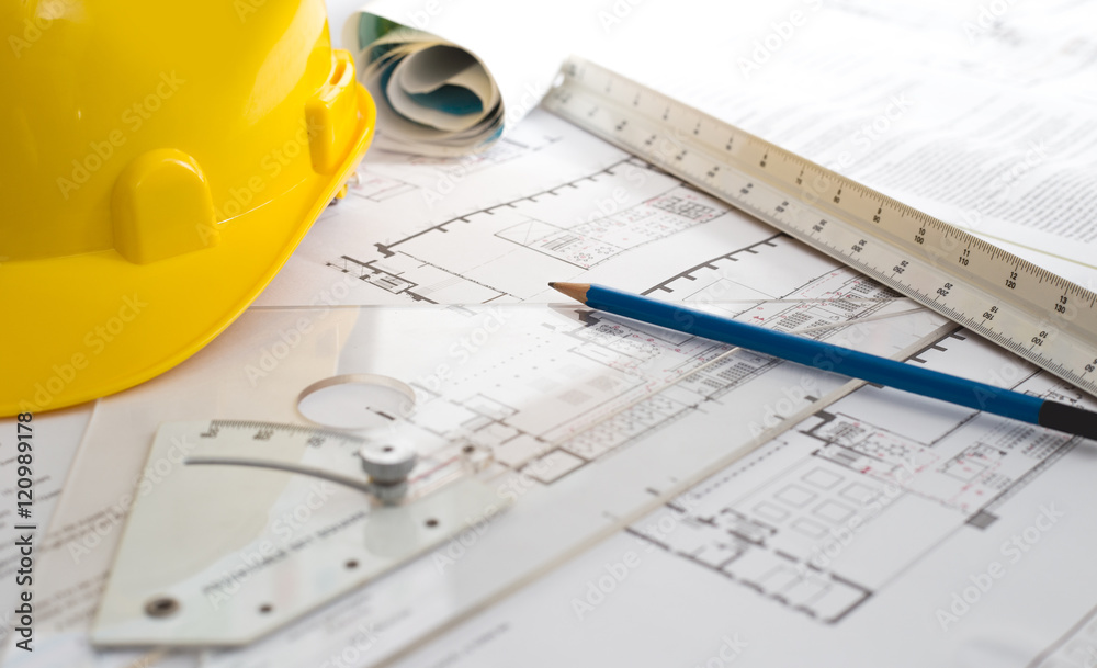 Basic instruments of a construction engineer and architect on work ...