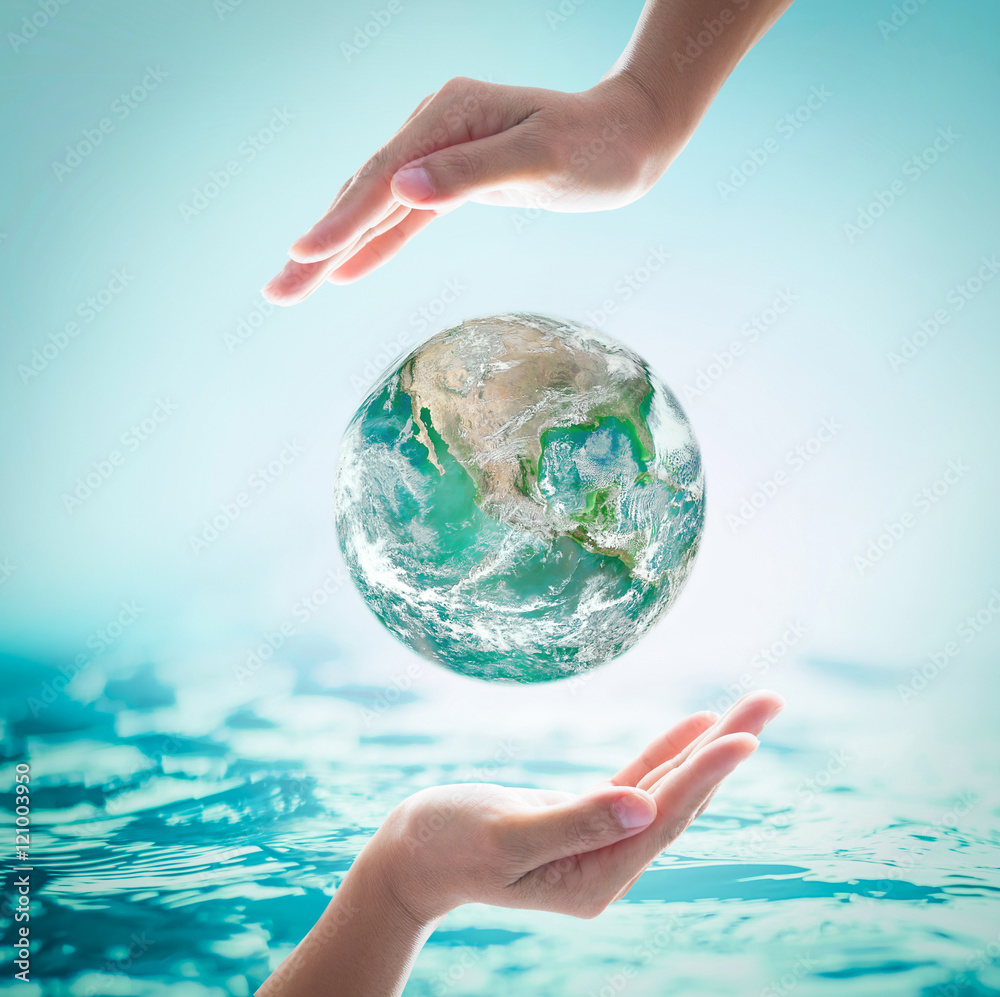 Collaborative female human hands on blurred wavy clean water background ...