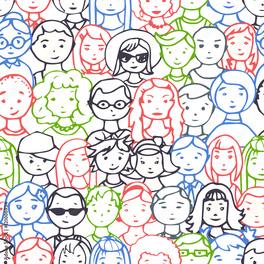 Seamless pattern of hand drawn people faces. Vector illustration of ...