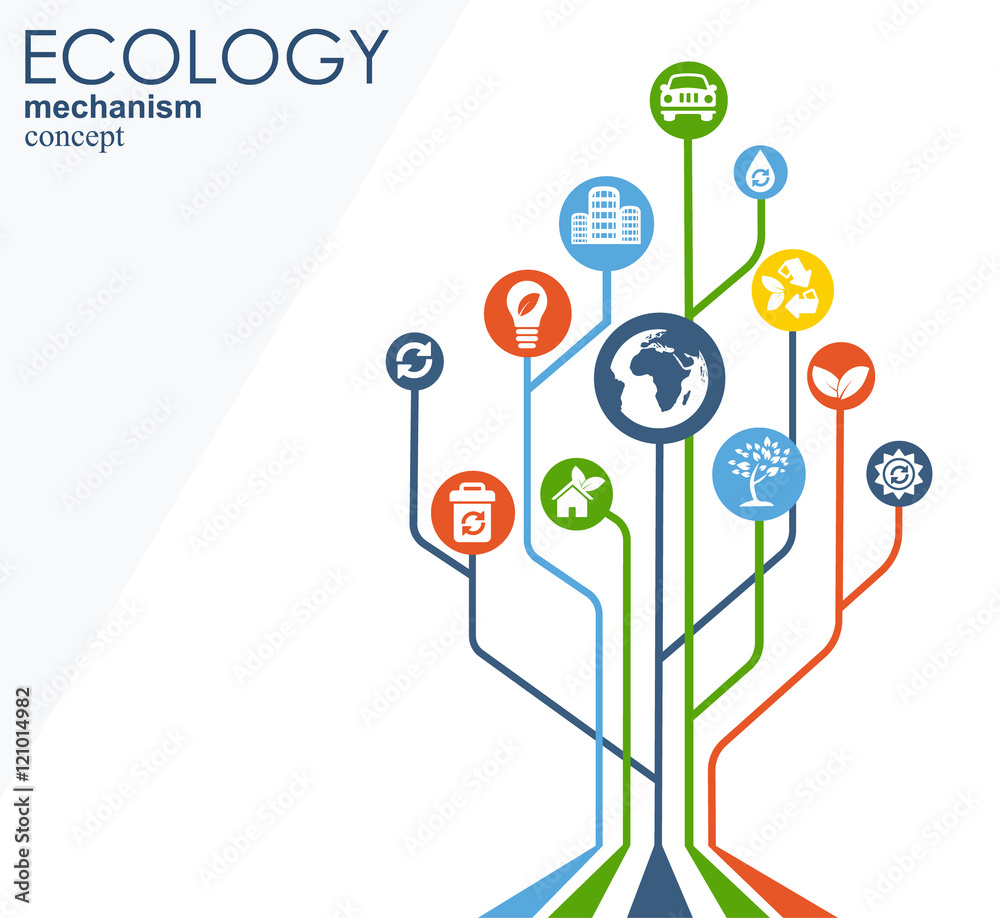 Ecology mechanism concept. Abstract background with connected gears and ...