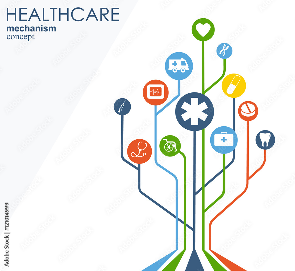 Healthcare mechanism concept. Abstract background with connected gears ...