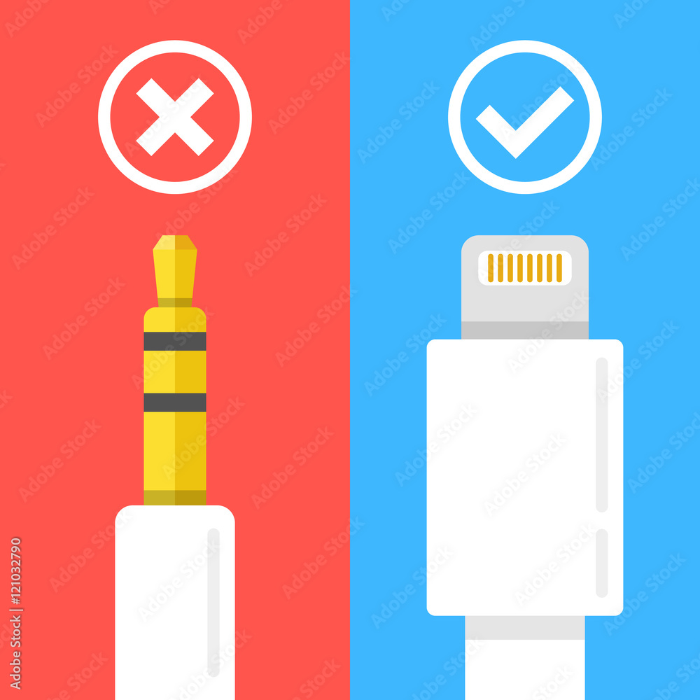 3.5 mm headphone jack, lightning connector cables and check marks ...