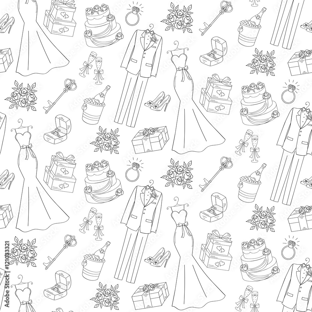 Wedding vector seamless background with hand drawn icons wedding dress ...