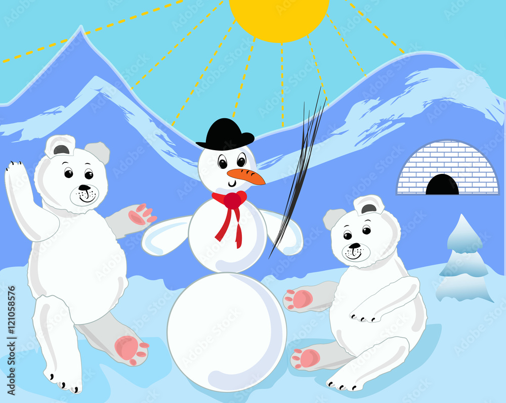 Two ice bears building a snowman. Little cute ice bear. Ice bear ...