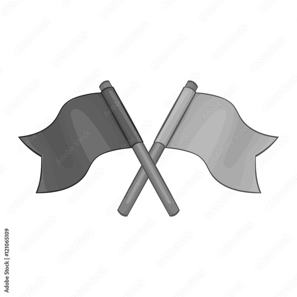 Two crossed flags icon in black monochrome style on a white background ...