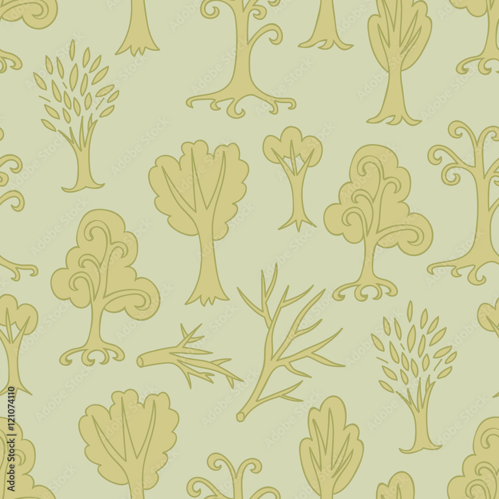 Pastel green seamless pattern of different trees and branches. Hand ...