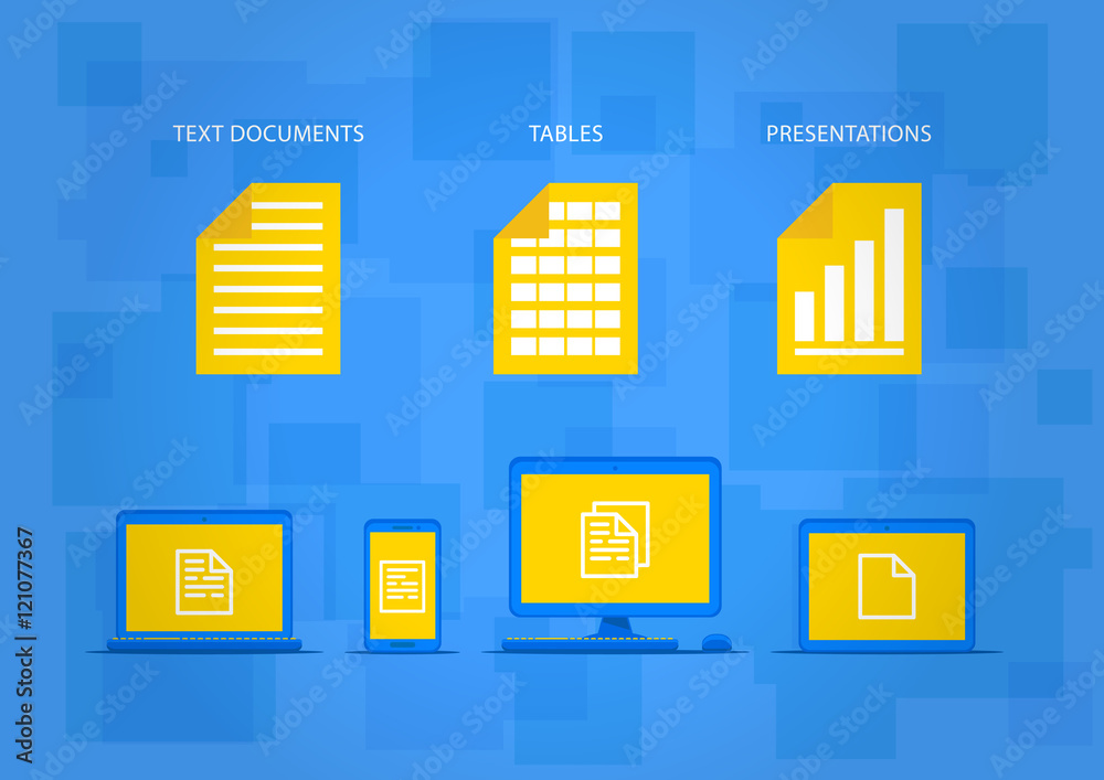 Different types of documents with electronic devices on blue background ...