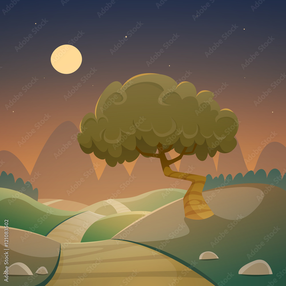 The cartoon illustration of the night landscape with country road ...