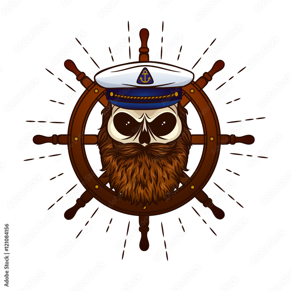 Vector skull Captain in a hat with a beard on a background of sea helm ...