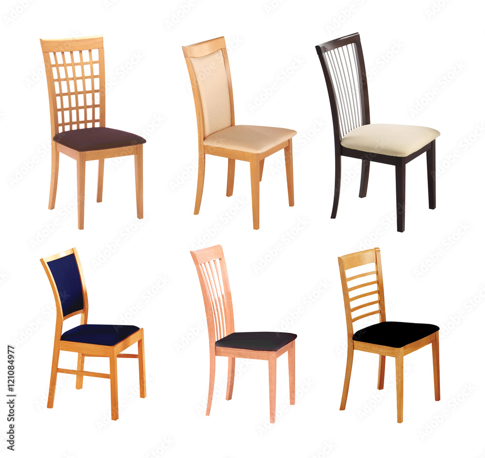 Six designs of dining chairs isolated on white background with clipping ...