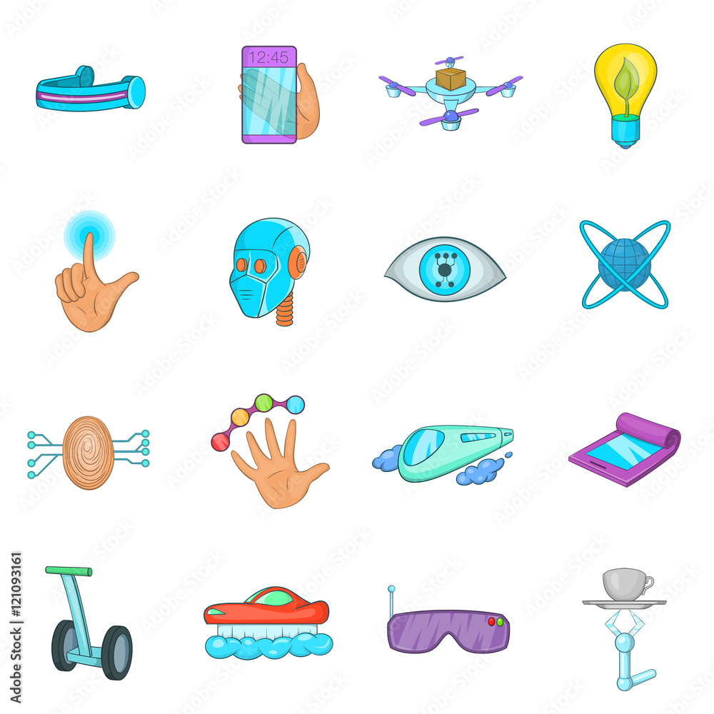 New technologies icons set in cartoon style. Innovative app and gadget ...