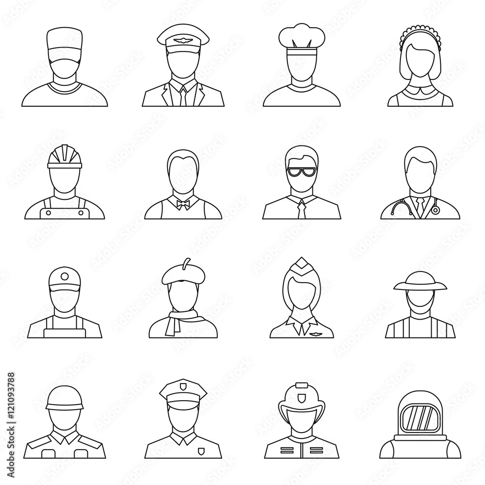 Professions icons set in outline style. People activities set ...