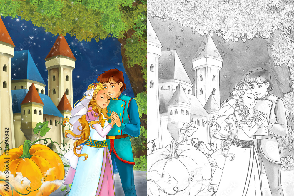 cartoon scene with young and beautiful princess smiling during romantic ...