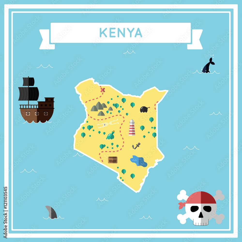 Flat treasure map of Kenya. Colorful cartoon with icons of ship, jolly ...