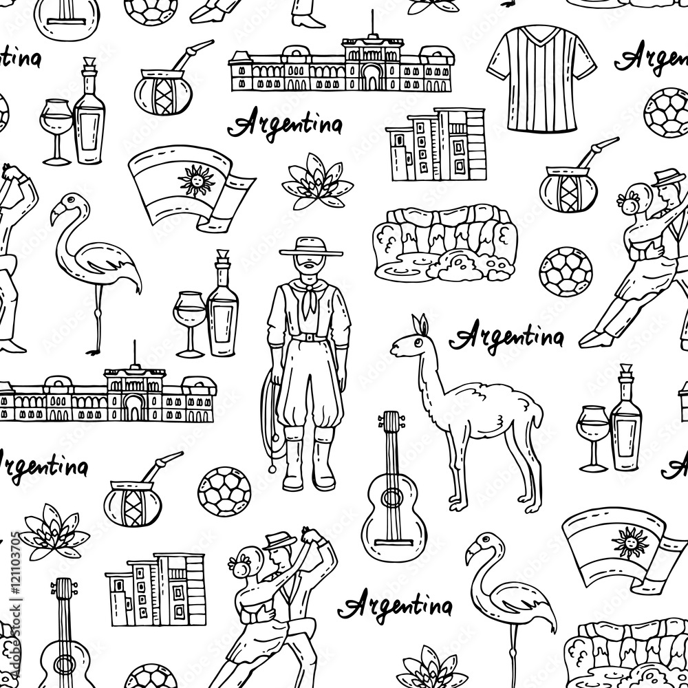 Vector seamless pattern with hand drawn isolated symbols of Argentina ...