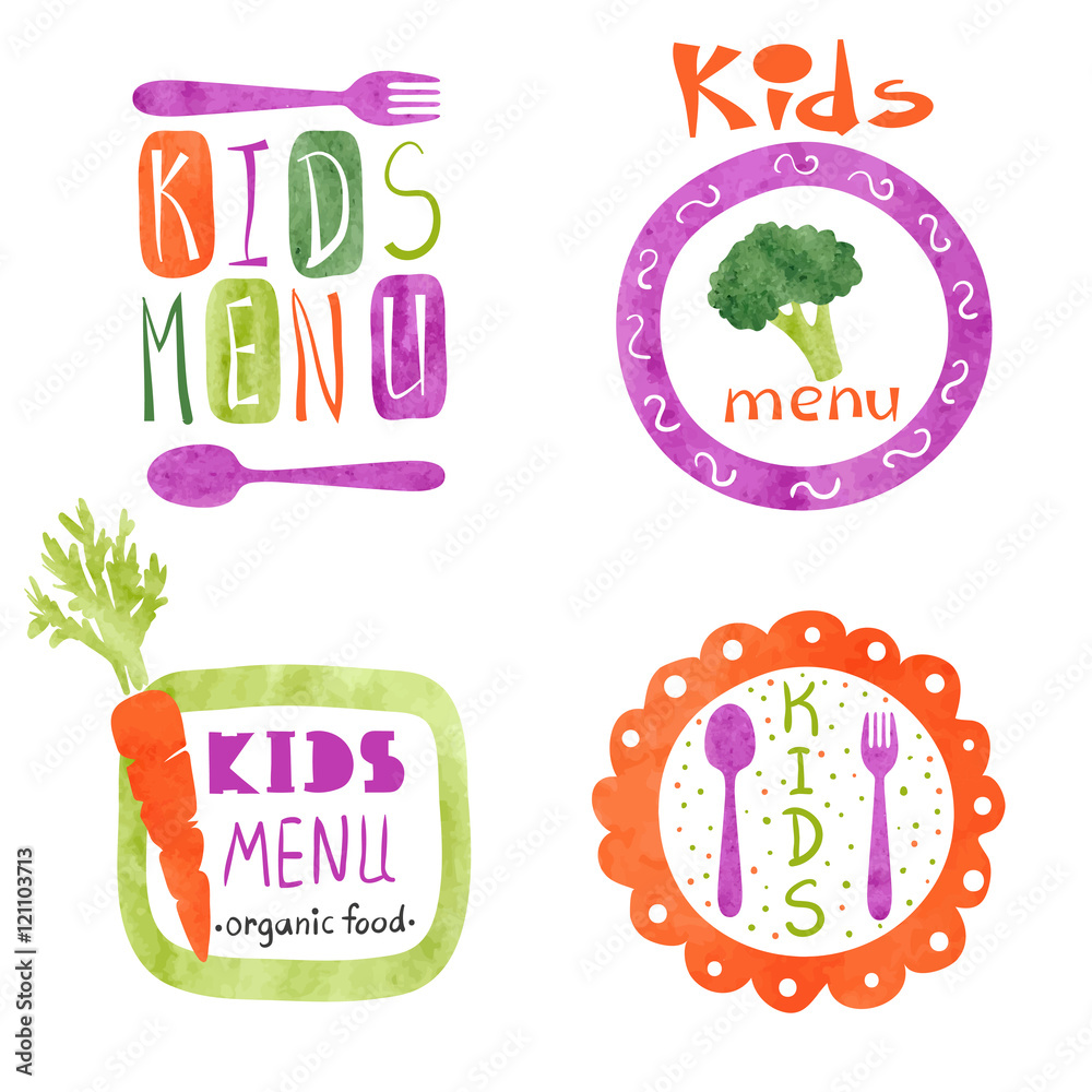 Watercolor kids menu logo design set. Collection of colorful vector ...