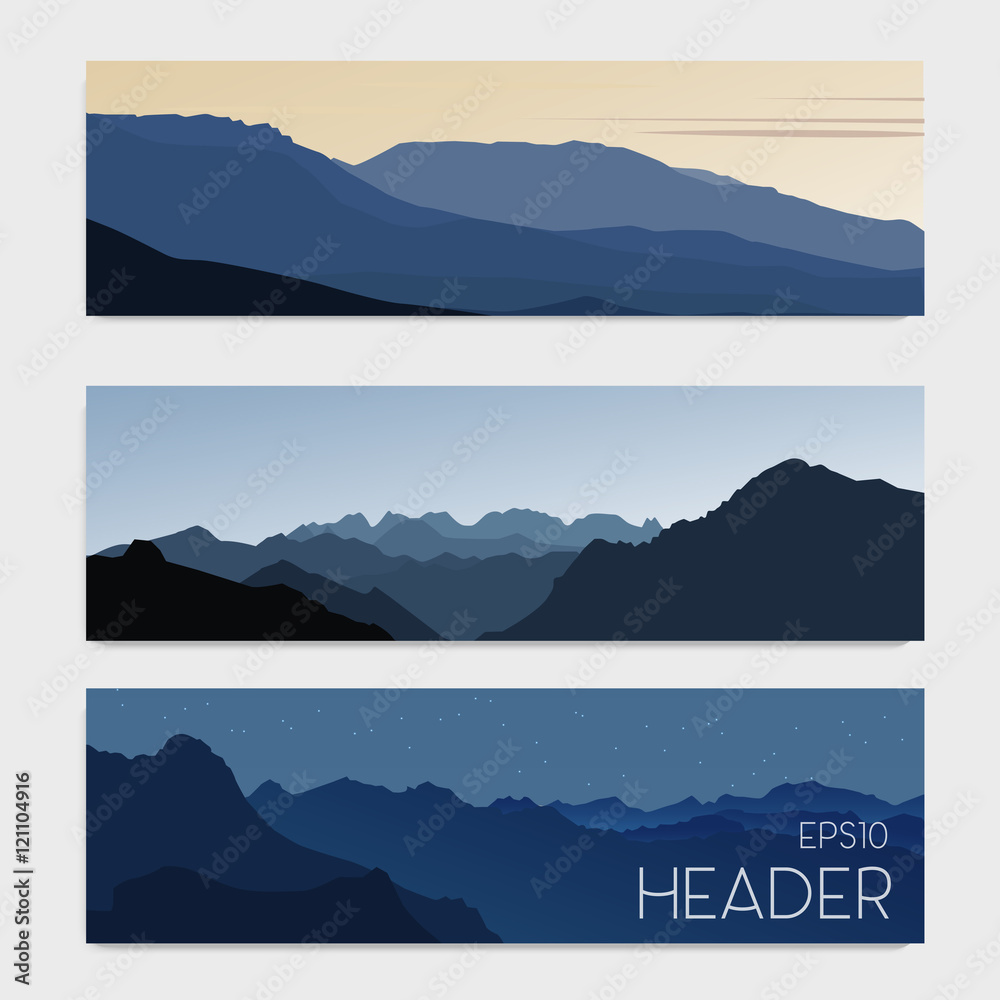 Set of vector headers. Evening mountain landscapes. Website banners or ...