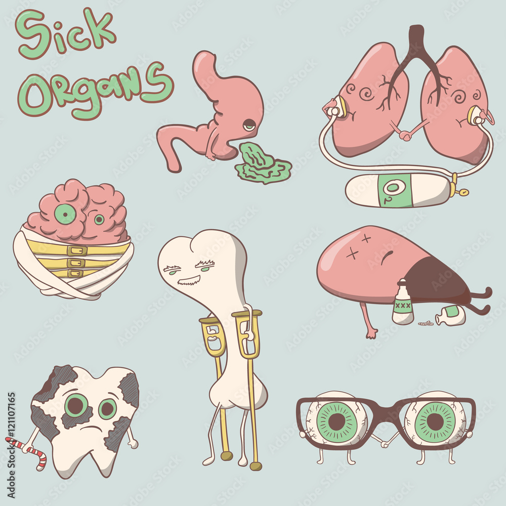 sick organs set, brain, lungs, eyes, teeth, liver, heart and bone Stock ...