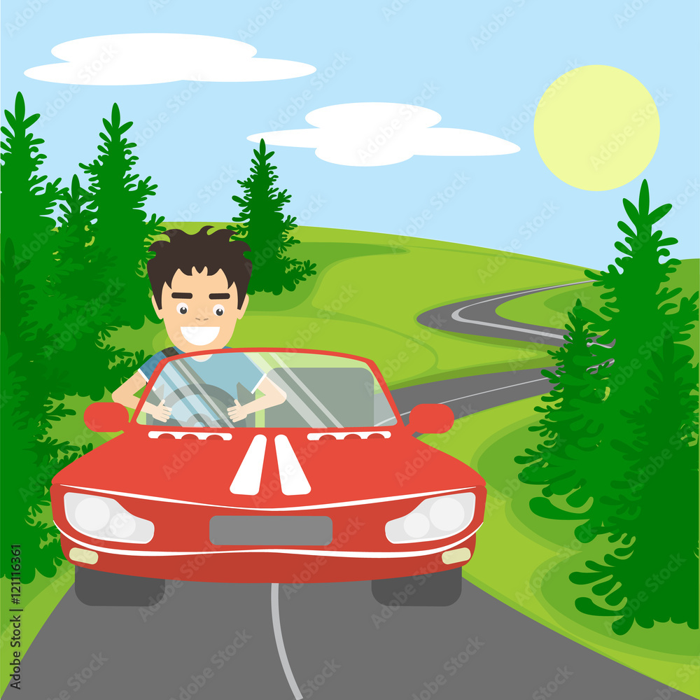 Happy handsome smiling man driving red car on picturesque background ...