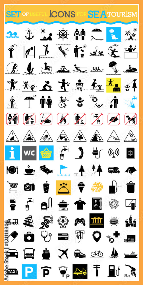 Very useful and usable set of icons for sea tourism. Collection of ...