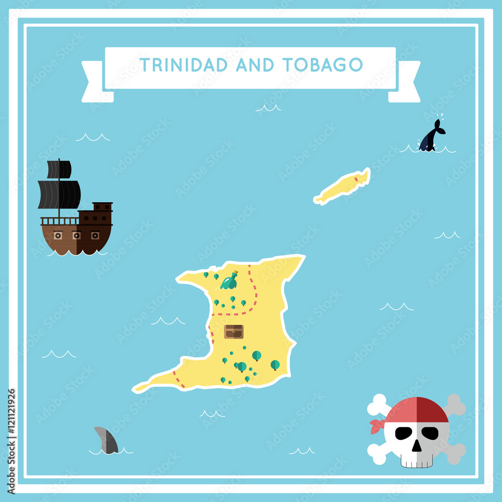 Flat treasure map of Trinidad and Tobago. Colorful cartoon with icons ...