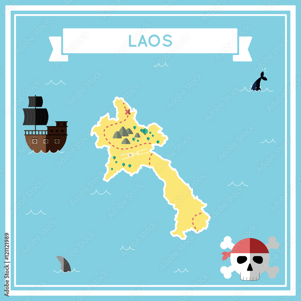 Flat treasure map of Lao People's Democratic Republic. Colorful cartoon ...