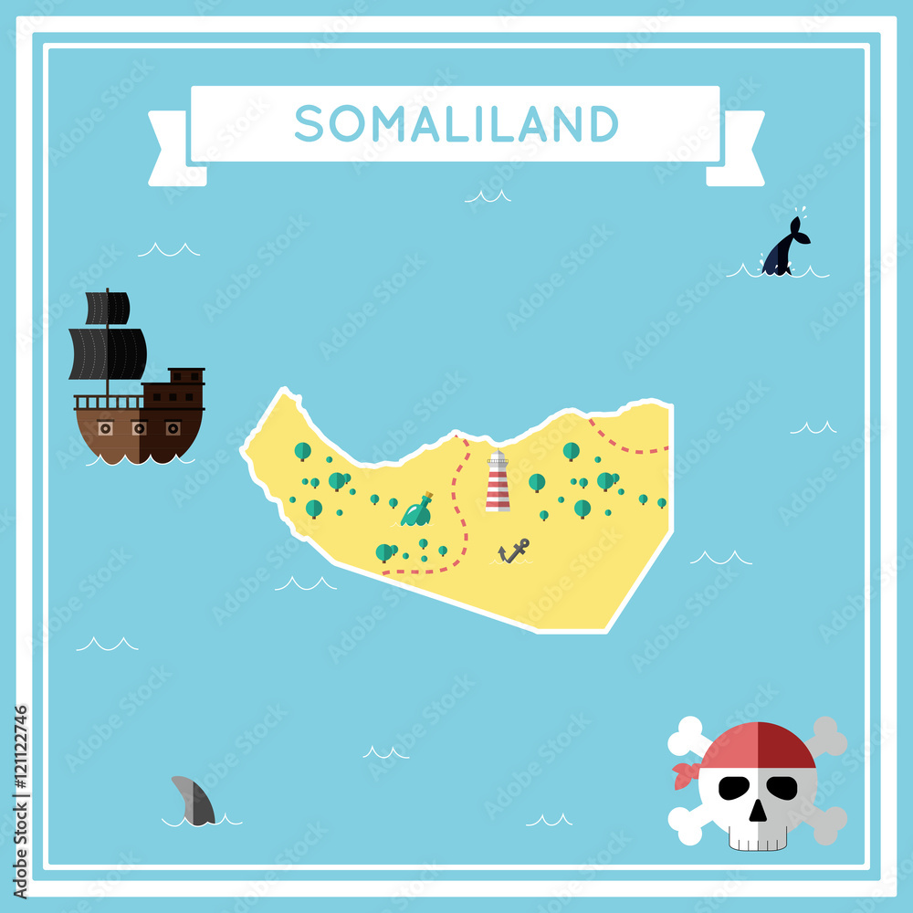 Vetor de Flat treasure map of Somaliland. Colorful cartoon with icons ...