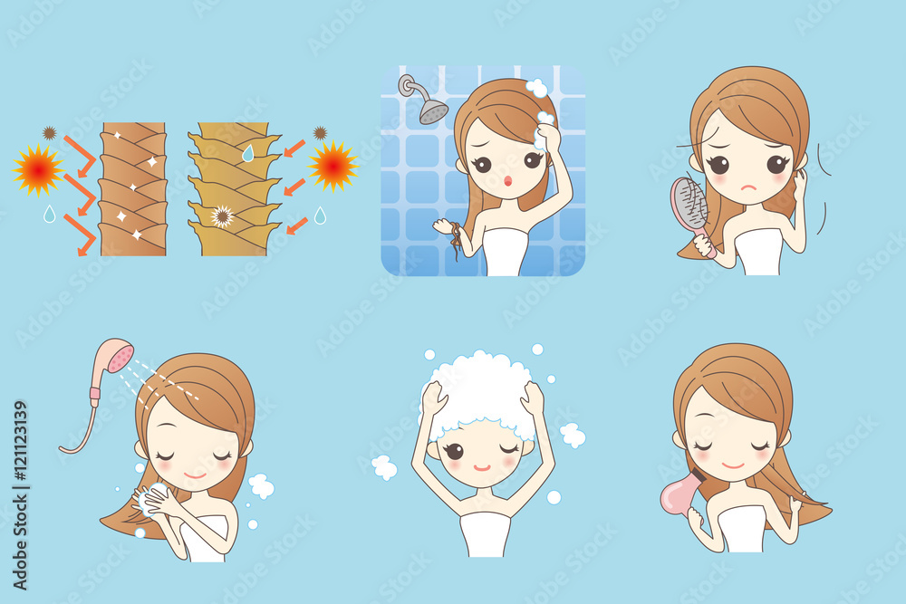 cartoon girl cleaning her hair Stock Vector | Adobe Stock