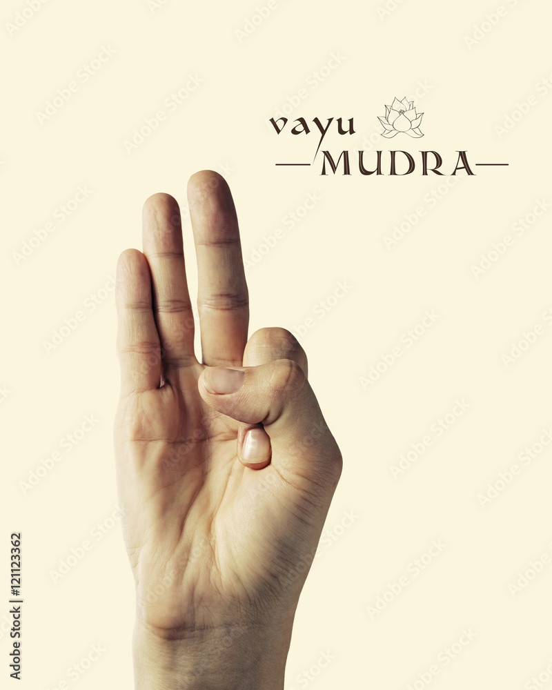Image of woman hand in Vayu mudra. Gesture is isolated on toned ...