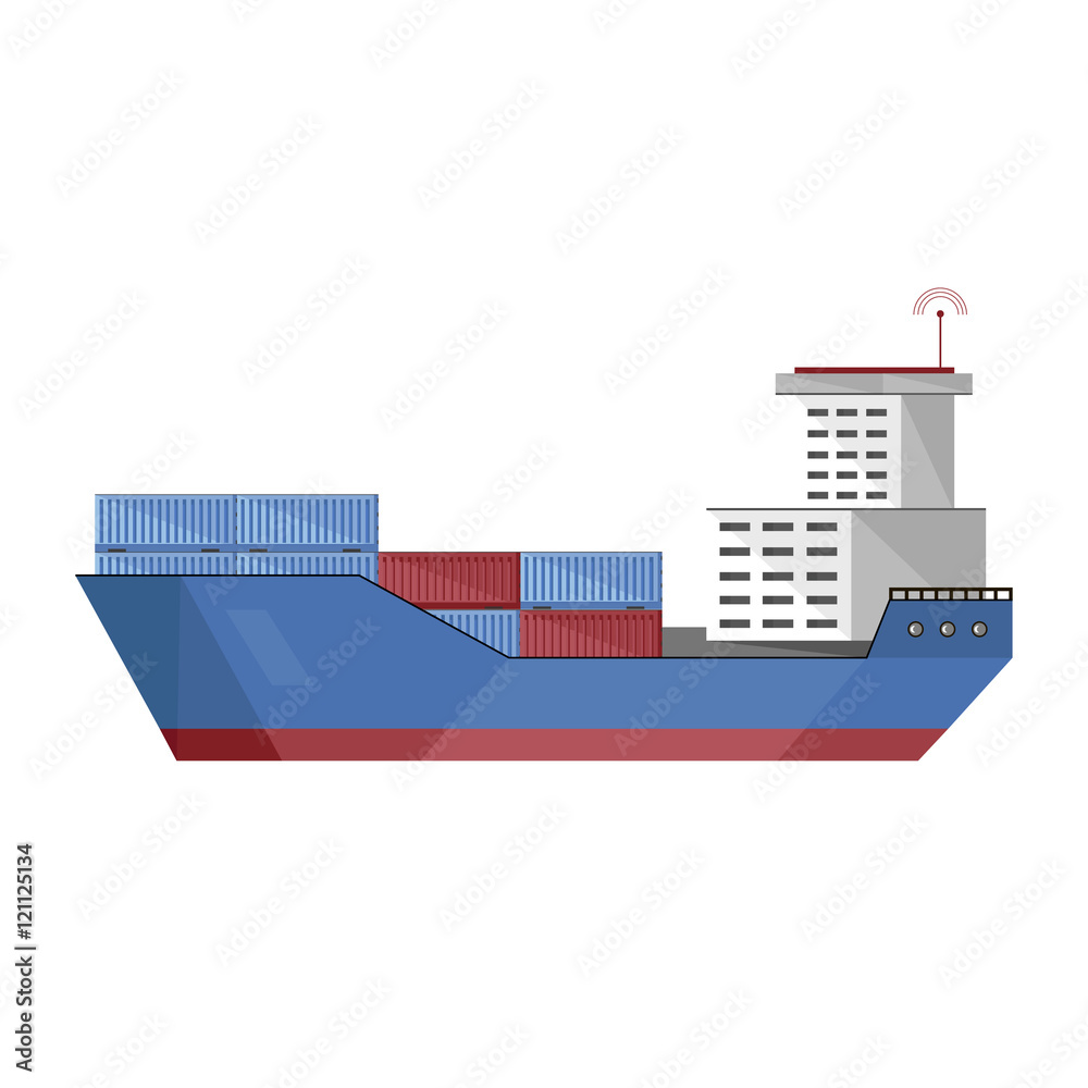 Cargo vessel with container isolated on white background flat vector ...