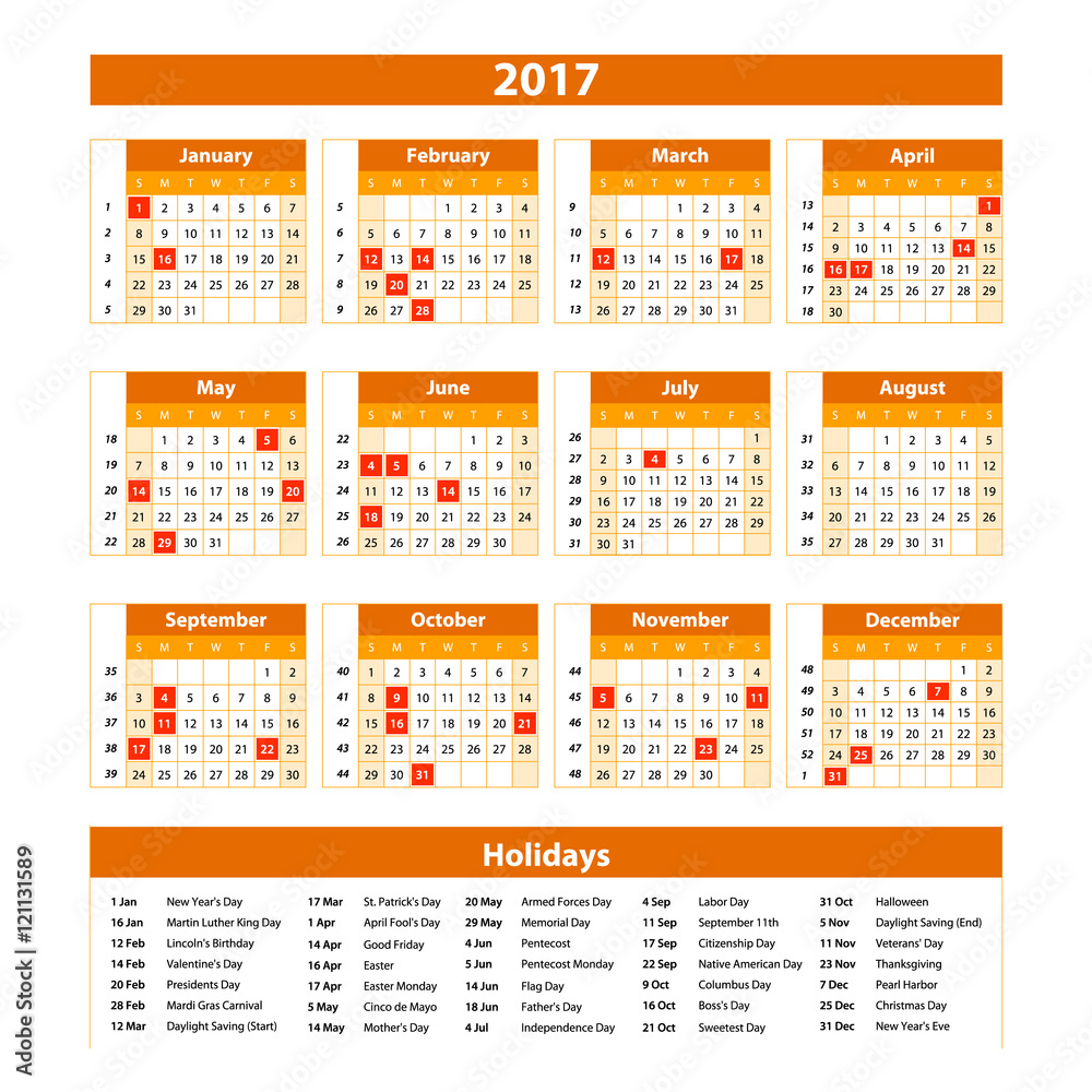 Wall Calendar Planner for 2017 Year. Vector Design Print Template with ...