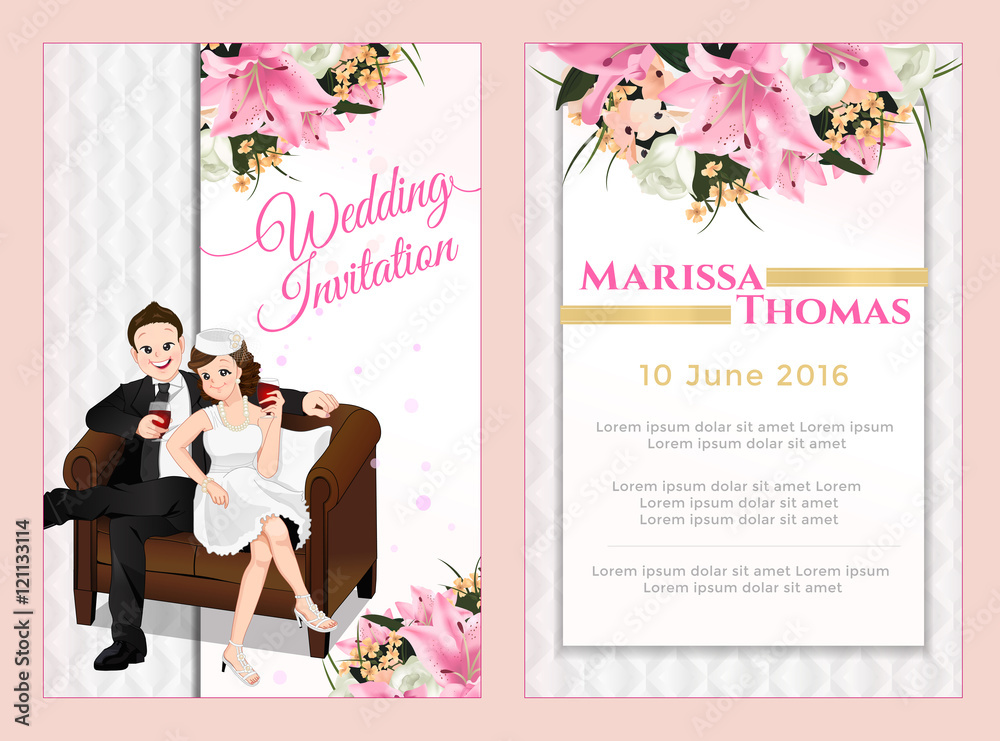 Luxury-modern invitation card, lovely couple sitting on sofa and ...