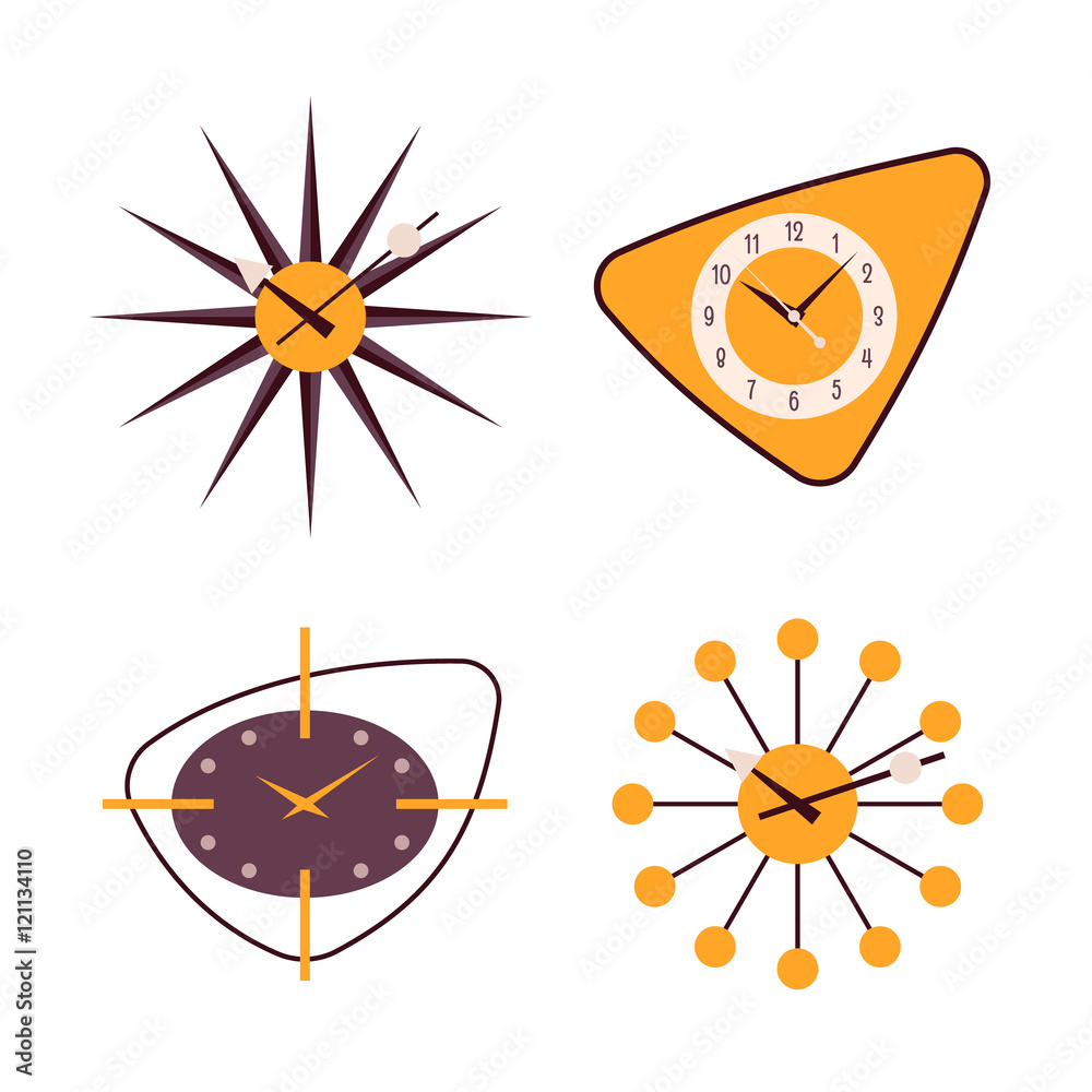Set of four retro wall clocks isolated against white background ...