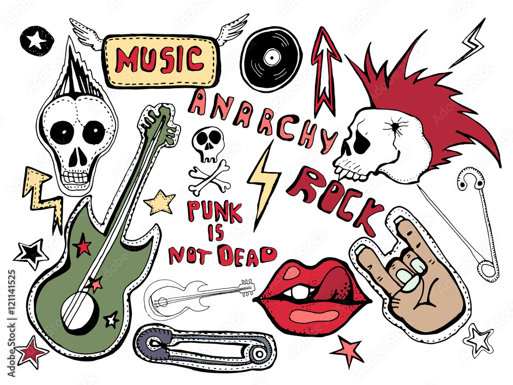 Cute embroidery patches and stickers collection. Punk is not dead. Hand ...