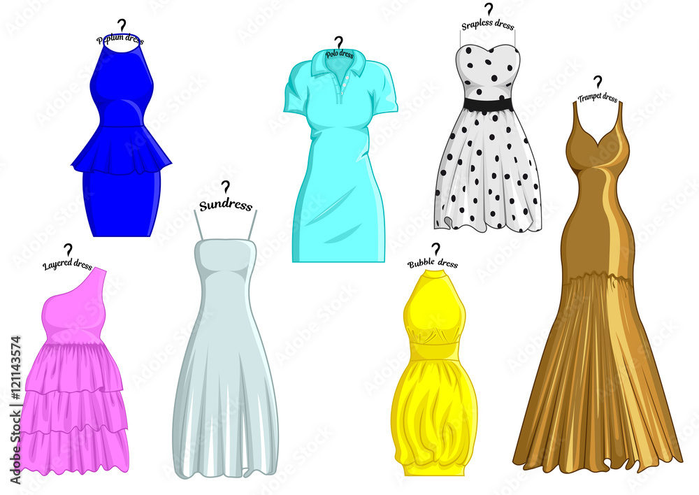 Set of different styles of dresses with names that are stylized in the ...