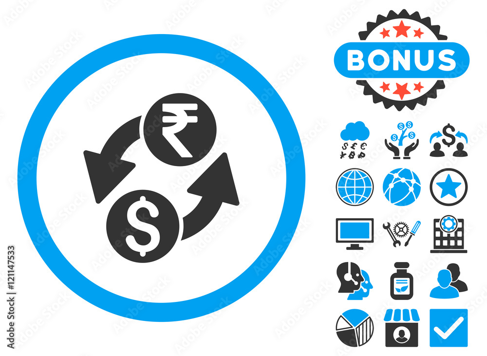 Dollar Rupee Exchange icon with bonus symbols. Vector illustration ...