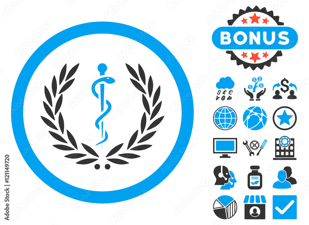 Health Care Emblem icon with bonus pictogram. Vector illustration style ...