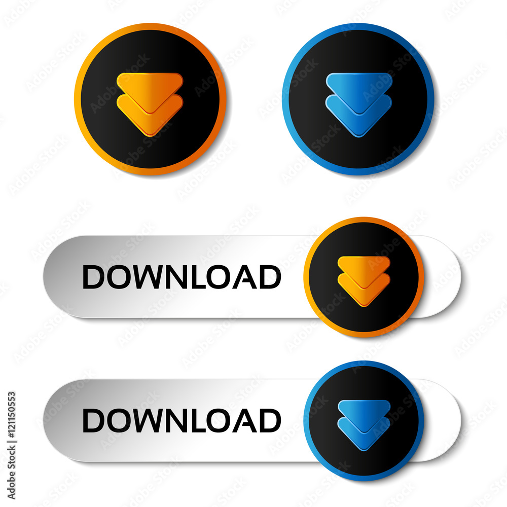 Vector download buttons with arrows - labels, stiskers on the white ...