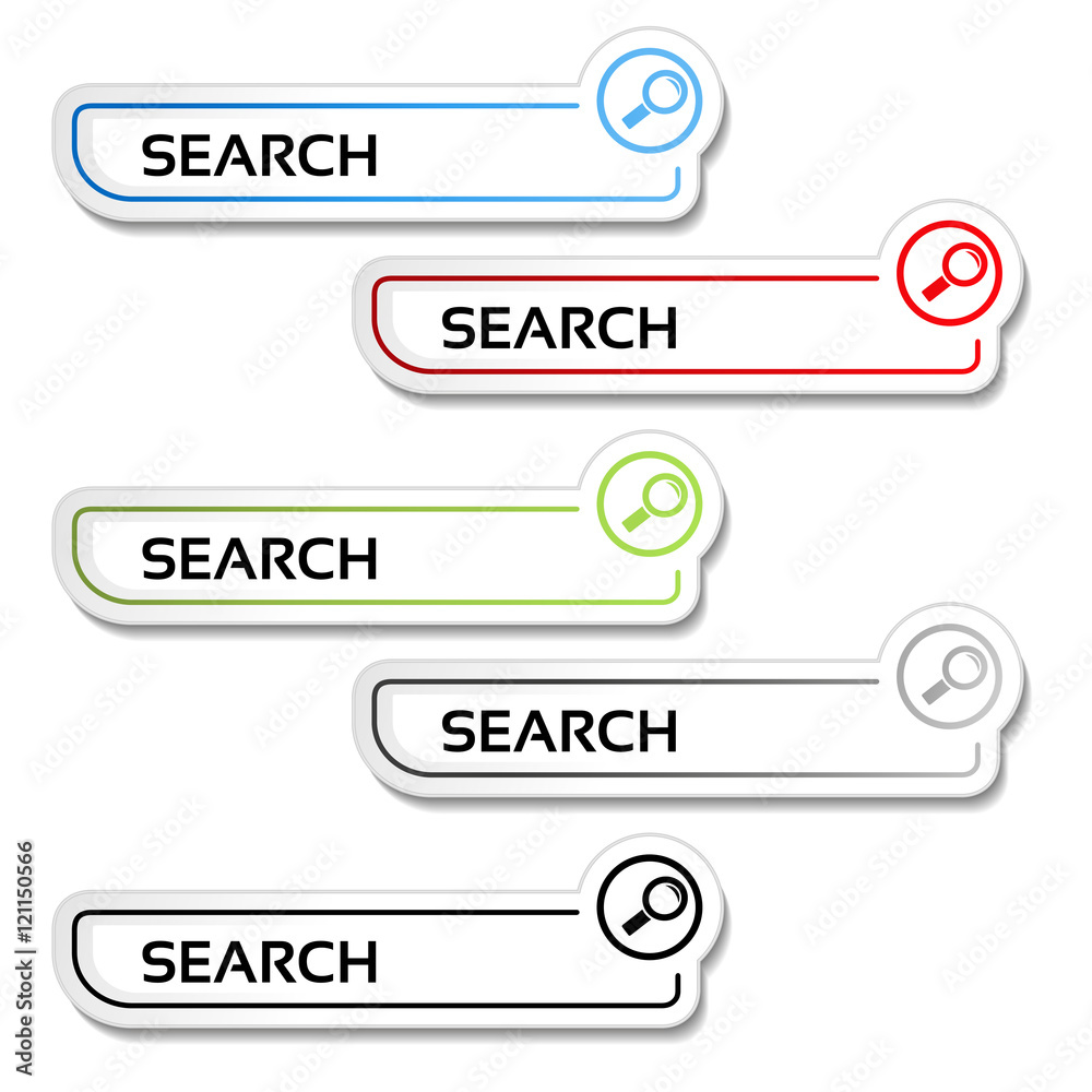 Vector search buttons, stickers with magnifier symbol - labels on the ...