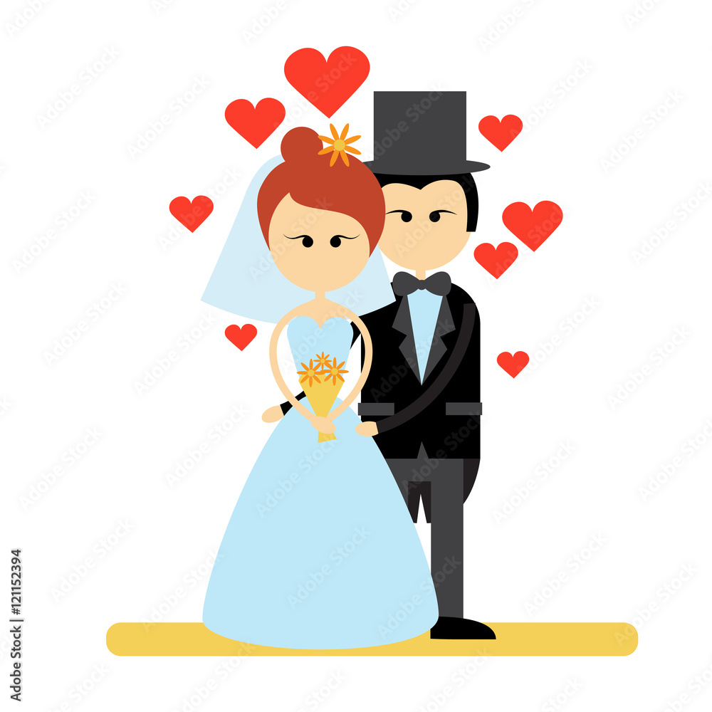 Cartoon Marriage Couple Fiance And Bride Wear Wedding Dress Embrace ...