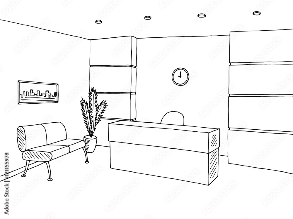 Reception office interior graphic art black white sketch illustration ...