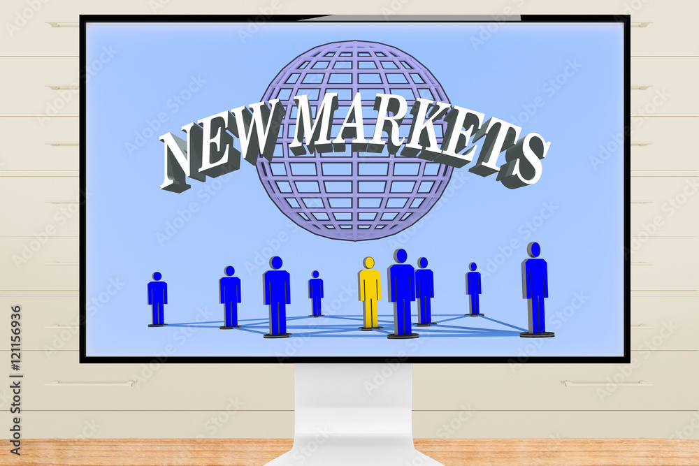 Office screen shows globe and networked with figures font NEW MARKETS ...